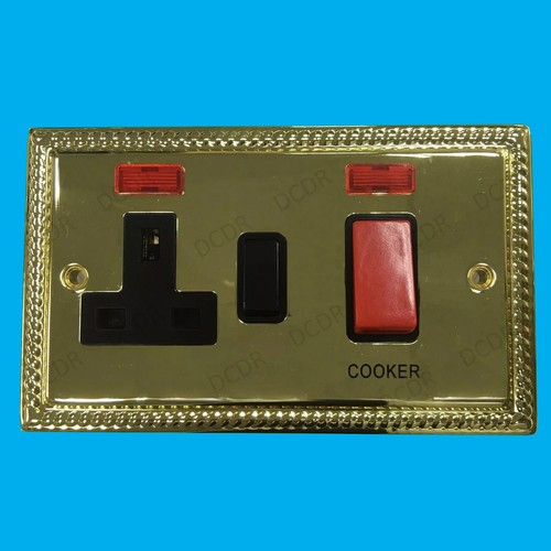 2 Gang, Georgian Brass, 13A UK 3 Pin Mains Socket, 45A Cooker Control ...