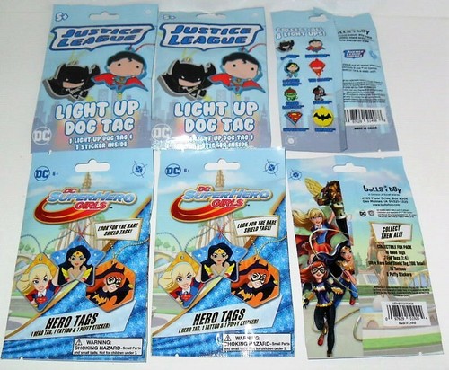 DC JUSTICE LEAGUE LIGHT UP DOG TAG & SUPERHERO GIRLS HERO TAGS LOT OF ...