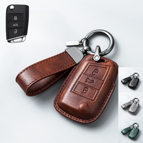 Genuine Leather Car Key Fob Case Cover For VW Tiguan Golf Polo Skoda ...