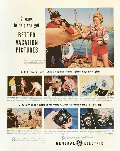 1953 GE PRINT AD Better Vacation Pictures Photoflash & Mascot Exposure ...