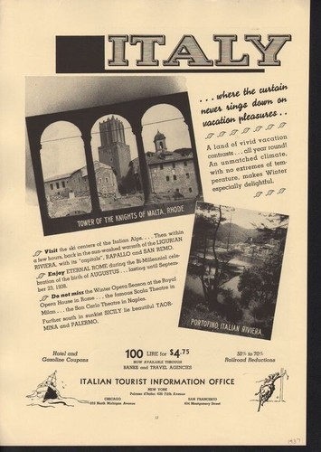 1937 ITALY VACATION CRUISE CASTLE ROME MALATA RHODE PORTOFINO TRAVEL AD ...
