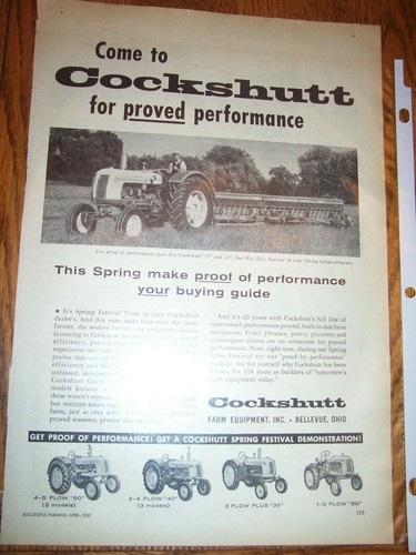 VINTAGE COCKSHUTT FARM ADVERTISING PAGE- 8" x 11" -# 50 TRACTOR + 3 ...