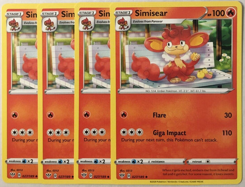 POKEMON 4X SIMISEAR 027/189 DARKNESS ABLAZE UNCOMMON NEAR MINT-PLAYSET ...
