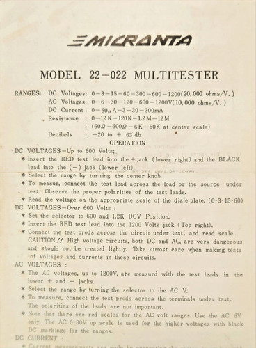 Realistic/Radio Shack/Micronta 22-022 Multi-Tester Operating Manual ...