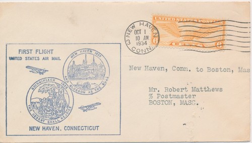 #c19 6c Winged Globe First Flight New Haven Connecticut to Boston MA 10 ...