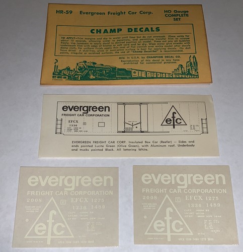 CHAMP HO DECAL-EVERGREEN FRT CAR CORP 50’ INSUL BOX CAR-GRN w/WHT LETT ...