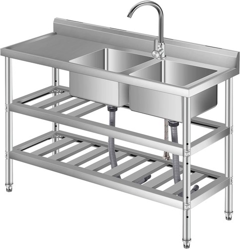 47 Inch Stainless Steel Sink, Double Bowl Sink with Faucet, Pipe,Shelf ...