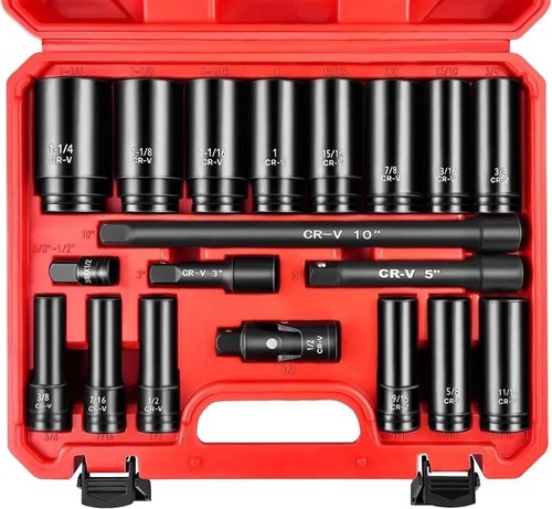 1/2-Inch Drive Deep Impact Socket Set, 19 Piece SAE Socket Set, 6 Point ...