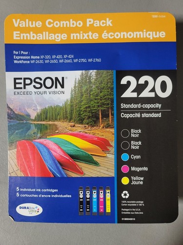 BRAND NEW! Sealed! Epson 220 Value Combo Pack 5 INK CARTRIDGES (EXP 11/ ...