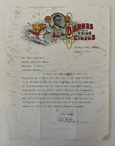 Signed Letter From AL. G. Barnes Circus to Miller Brothers 101 Ranch ...