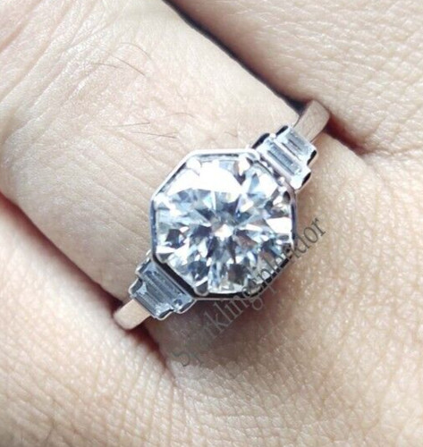 Octagon Shape Bezel Set Moissanite Ring Round Cut Wedding Vintage Ring ...