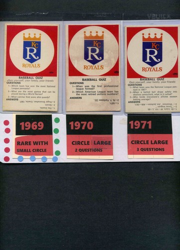 KANSAS CITY ROYALS ALL 3 FLEER LOGO BASEBALL QUIZ CARDS 1969, 1970 ...