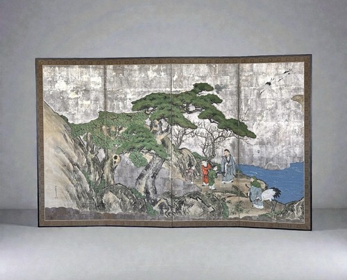 Tsurusawa Tansaku Japanese Byobu Screen 18th Century scholars cranes ...