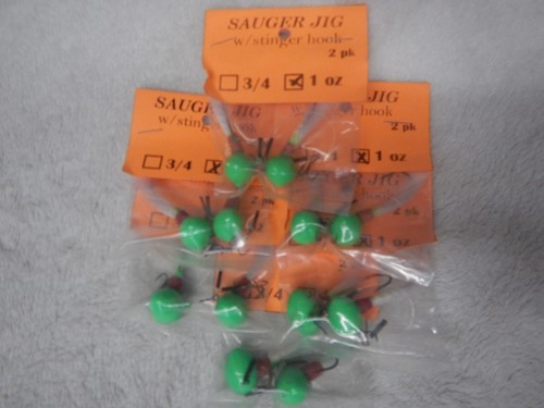 Sauger Jigs 1oz With Stinger Hook 1 dozen Fluorescent Green Head, White ...