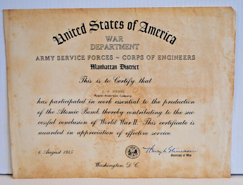 WWII War Department US Army Manhattan Project Atomic Bomb Award ...