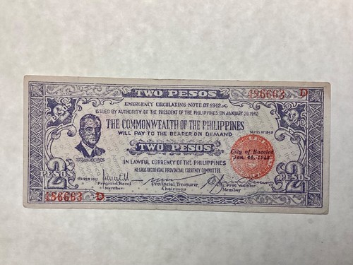 Two 2 Pesos 1942 Emergency Note Commonwealth of the Philippines ...