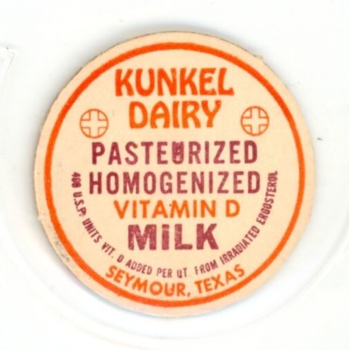 Milk Bottle Cap Insert - Kunkel Dairy - Seymour, Texas, TX - - (1 3/8 ...