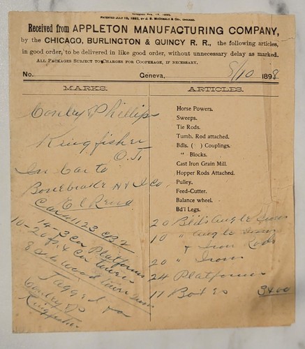 1898 Freight Bill Illinois Geneva Bactavia Appleton Manufacturing | eBay