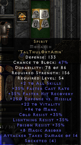 Diablo 2: Resurrected D2 Spirit Monarch Shield 35%fcrRune Craft Pack ...