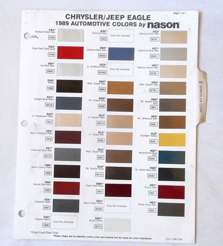 1989 CHRYSLER PLYMOUTH DODGE NASON COLOR PAINT CHIP CHART ALL MODELS ...