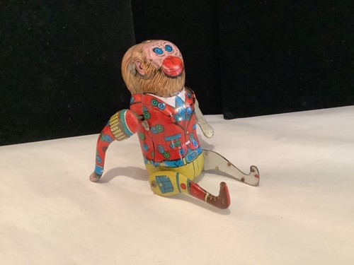 VERY RARE WORKING VINTAGE TUMBLING MONKEY KEY WIND TIN TOY MUST SEE NO ...