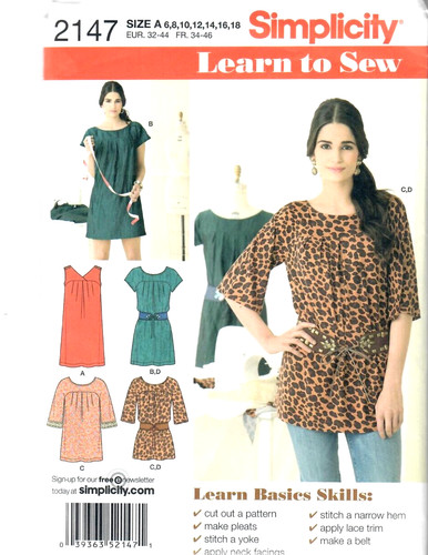 Simplicity 2147 LEARN TO SEW Mini Dress OR Tunic & Belt 6-18 UNCUT ...
