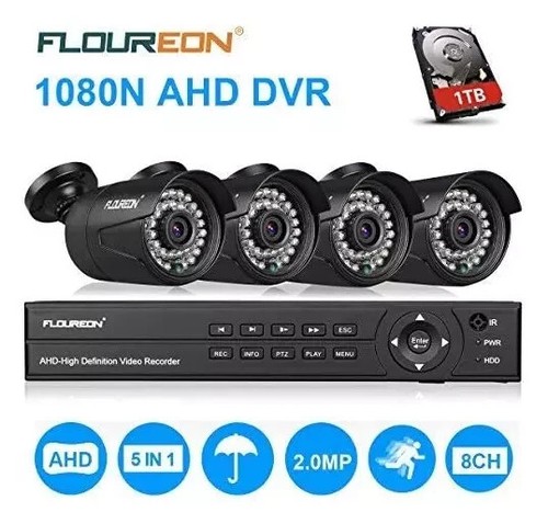 Floureon Security Camera NTSC System 4 AHD Cameras, 1080P, 8CH DVR, 1TB ...