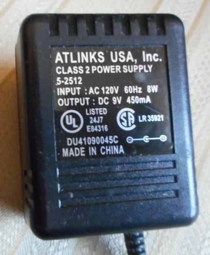 Atlinks Class 2 Power Supply 5-2512 - 120V AC to 9V DC - 450mA - For ...