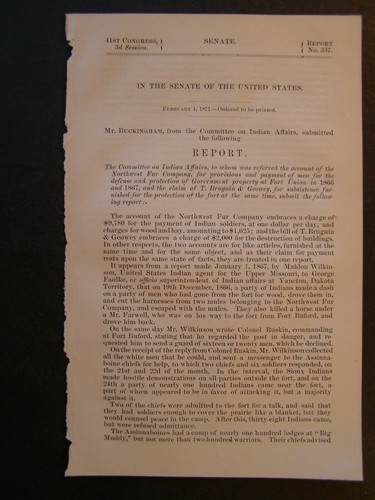 Gov Report 1871 Northwest Fur Co Payment of Indian Soldiers T Bruguin ...