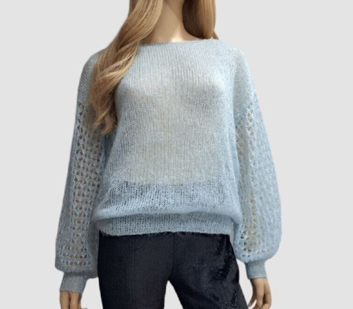 Blue mohair sweater Hand knit sweater Woman pullover Handmade sweater ...