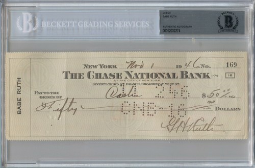 BABE RUTH Rare Double Signed Beckett Slabbed 1946 Check Yanks HOF Dual ...