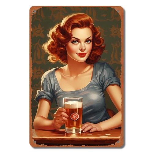 Vintage Beer Woman Metal Tin Signs Wall Art 8x12 Wrought Retro Pinup ...