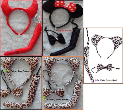 ANIMAL Headband SETS Ears Tie Tail ~ Minnie Mouse Leopard Devil Costume ...