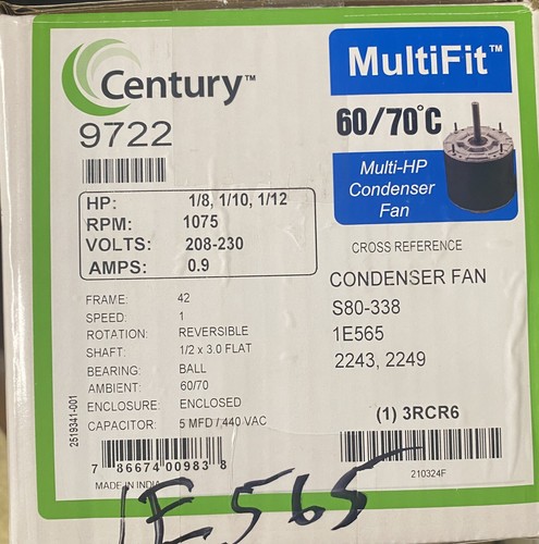 Century 9722 5” Condenser Fan Motor Multi HP 208-230 Volt 1075 RPM ...