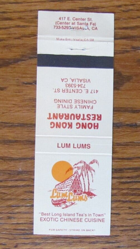 TIKI BAR MATCHBOOK COVER: LUM LUMS VISALIA, CALIFORNIA EMPTY MATCHCOVER -C24 | eBay