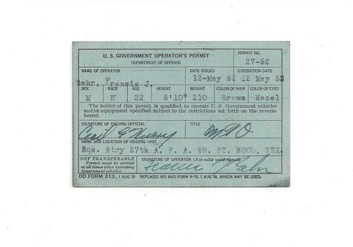 US Government Operator's Permit Korean War Era DD Form 313 | eBay