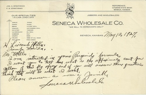 OLD VINTAGE SENECA WHOLESALE CO. SENECA KANSAS 1927 LETTER LETTERHEAD ...