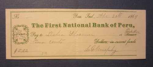 Old 1869 - First National Bank of PERU - Bank Check - PERU INDIANA | eBay