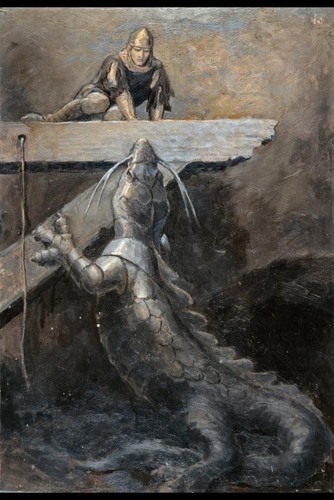 Photo:Dragon rearing up to reach medieval knight on ledge | eBay