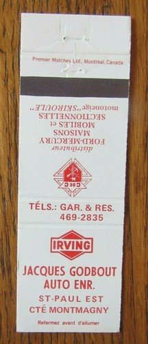 IRVING GAS STATION MATCHBOOK MATCHCOVER: JACQUES GODBOUT (ST-PAUL ...