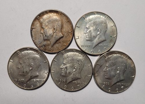 Kennedy Half Dollar, 40 percent silver, lot of 5 coins, $2.50 face ...