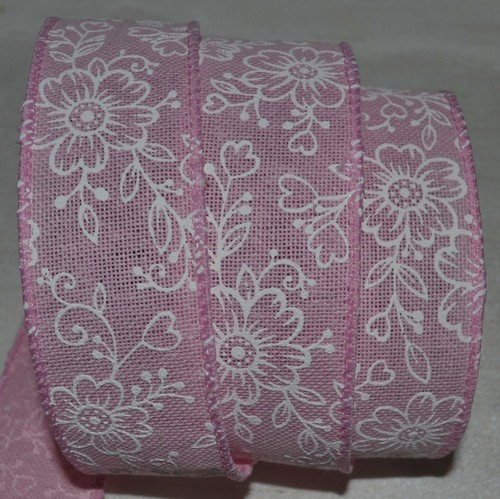 Wired Ribbon~Cottage Pink Flower Swirl Vine~White~Little Hearts~1.5 ...