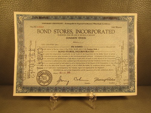 1945 Bond Stores Antique Stock Certificate - FREE SHIPPING !! | eBay