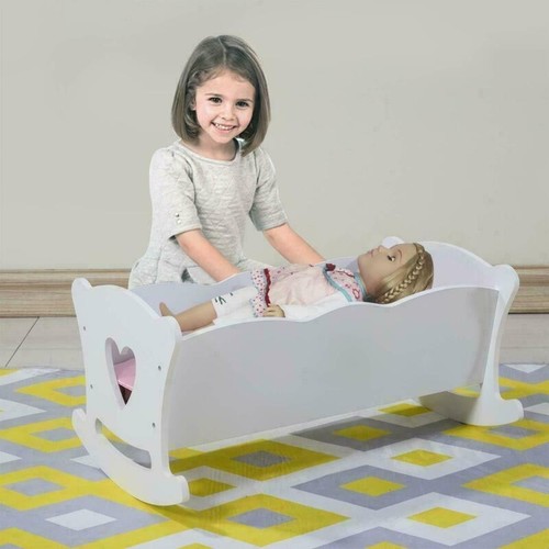 Dolls Wooden Rocking Cradle Cot Bed Doll Furniture Set For Baby Dolls ...