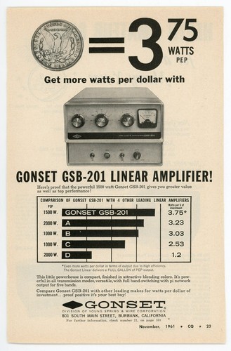 CQ Ham Radio Magazine Ad for The GONSET GSB-201 Linear Amplifier (11/61 ...