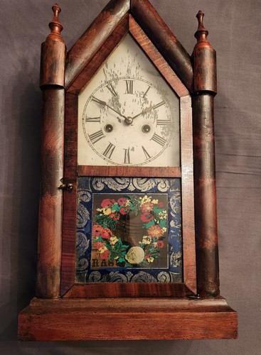 Rare EN Welch Steeple Mantel Clock Reverse Painted Glass Floral 30 Hr ...
