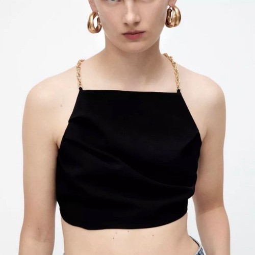 Zara Women's Black Gold Chain Halter Neck Cropped Top Size Large NWT | eBay