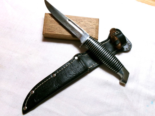 Boker Tree Brand USA B256 Fixed Blade Knife Silver/Black Handle Leather ...