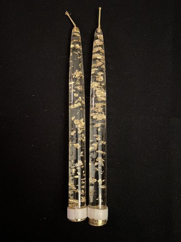 2 Lucite Acrylic taper Candles Clear W/ Gold Flake 8.25” MCM flameless ...