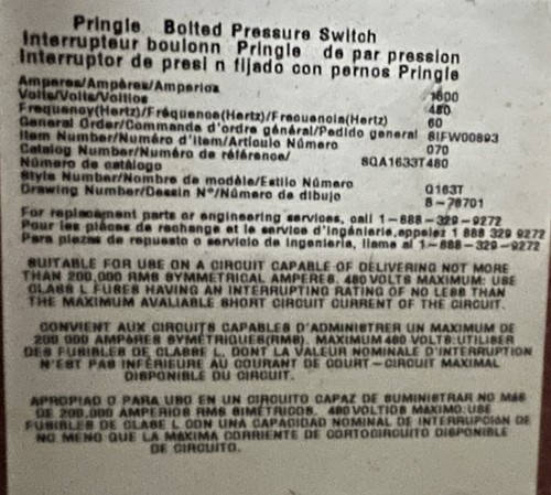 EATON PRINGLE SWITCH 1600 AMP 8QA1633T480 | eBay